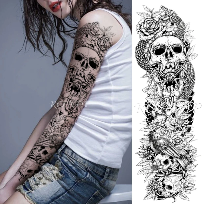 Flower And Skull Sleeve Tattoos