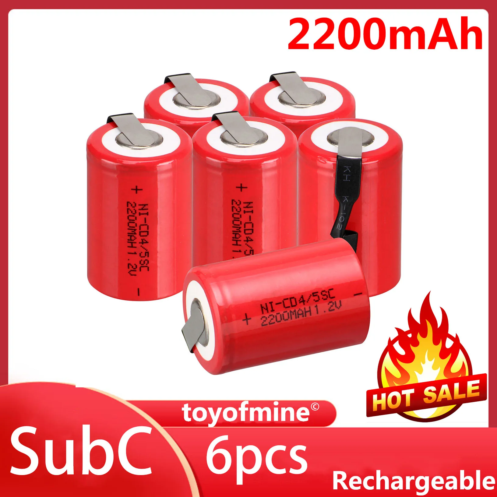 Lote de baterías recargables NiCd 1,2 SubC Sub C y Tab Red ni cd, 2200 V, 4/5 mAh, 6 unidades ...