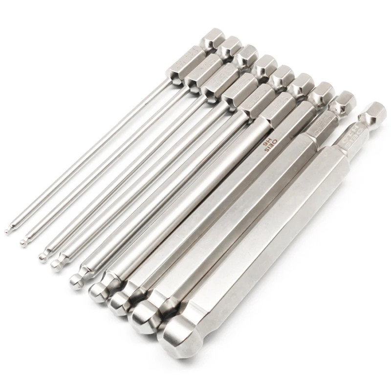9pcs S2 Steel Magnetic Hexagon 100mm Length Ball Head Hex Driver Bit ...