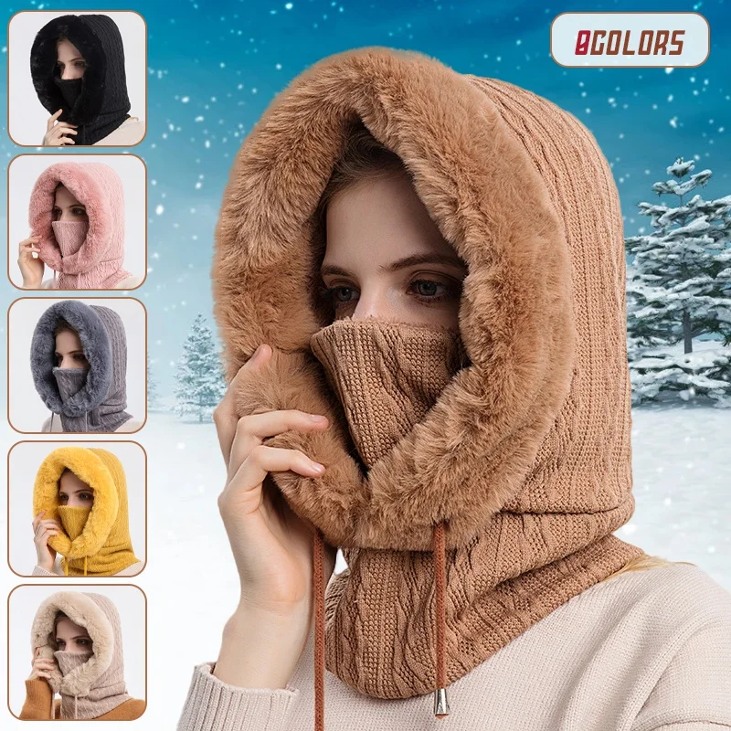 3in1 Winter Fur Cap Mask Set Hooded For Women Knitted Cashmere Neck ...