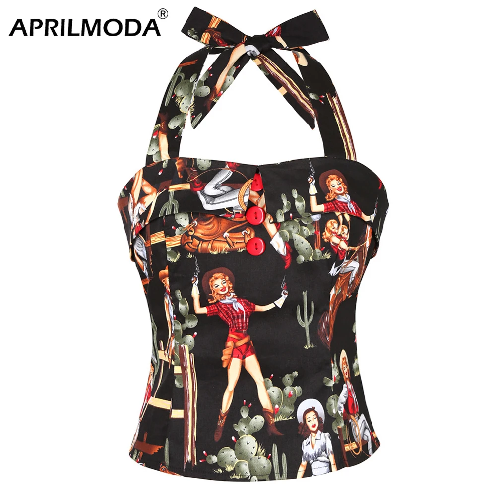 2023-Western-Girl-Print-Vintage-40s-50s-60s-Blouse-Button-Halter-Hollow ...