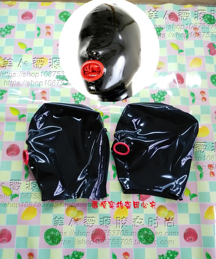 Sexy Black Latex Rubber Hood Mask with Red Mouth Inner Condom