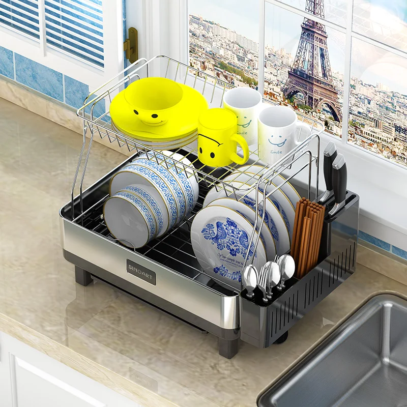 2 Tier Kitchen Dish Drying Rack Bowl Drainer Dishes Dryer Basket Knief
