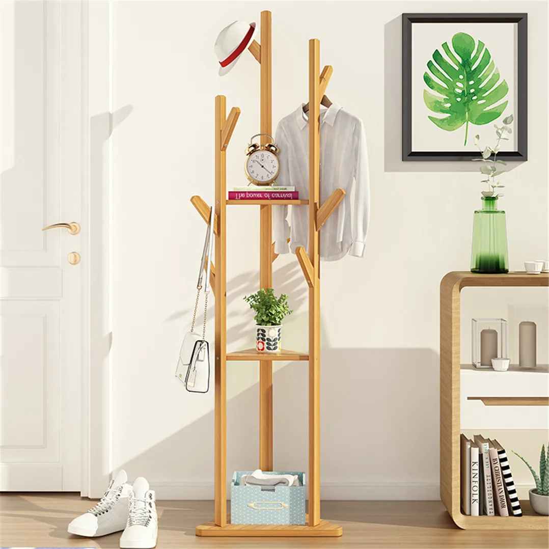 Bamboo-Coat-Rack-Tree-Cloth-Hanger-9-Hooks-3-Layer-Shelf-Stand-Hallway ...