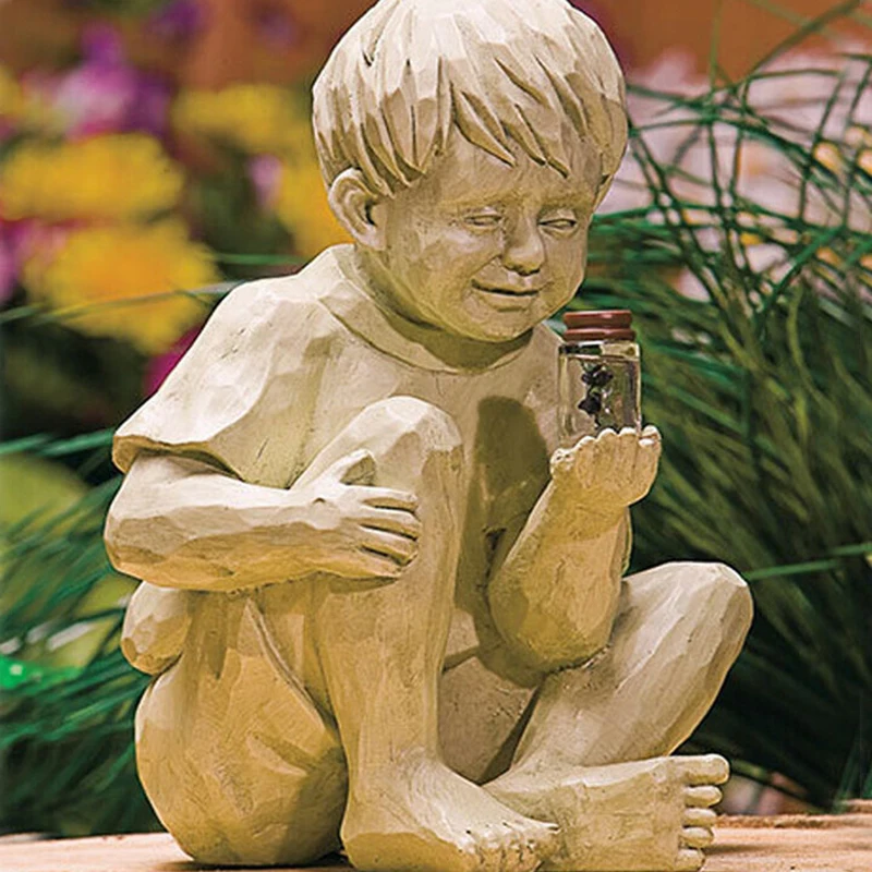 Teissuly Cute Children Solar Lighted Firefly Jar Boy Girl Statue