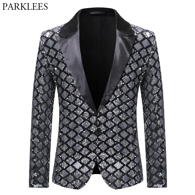 Silver Sequin Plaid Blazer Jacket Men 2019 Fashion Slim Fit One Button ...