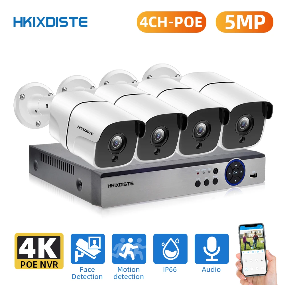 HKIXDISTE H.265 4CH PoE NVR CCTV 시스템 5.0MP IR 야외 보안 카메라 4 채널 HD 4K CCTV POE NVR 5MP 감시 키트|감시 시스템 ...