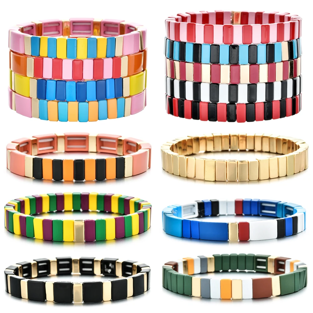 New Neon Rainbow Elastic Bracelet Enamel Tile Bracelets Metal Bohemian ...