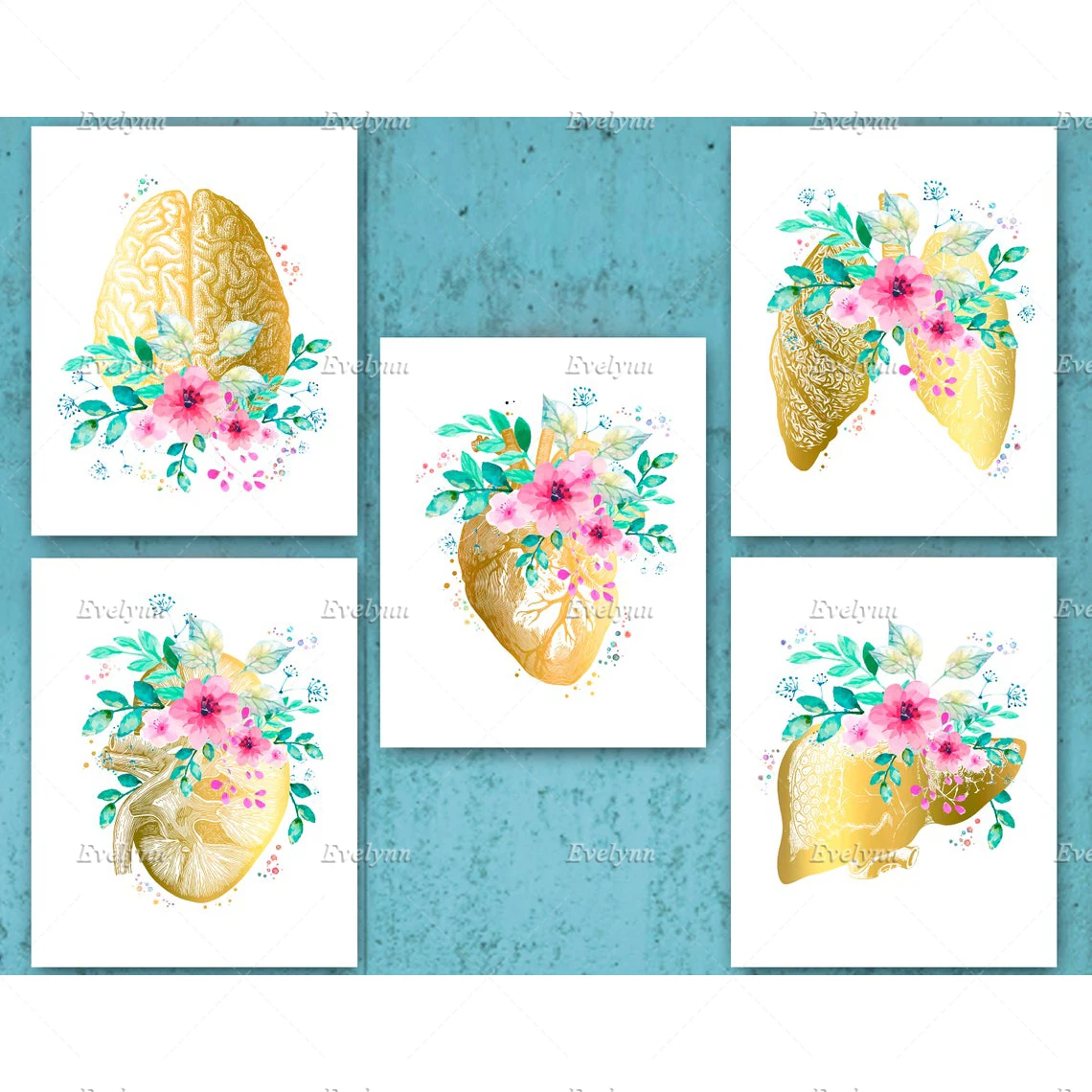 Juego-de-impresi-n-de-anatom-a-dorada-n-rdica-Coraz-n-Floral-cerebro ...