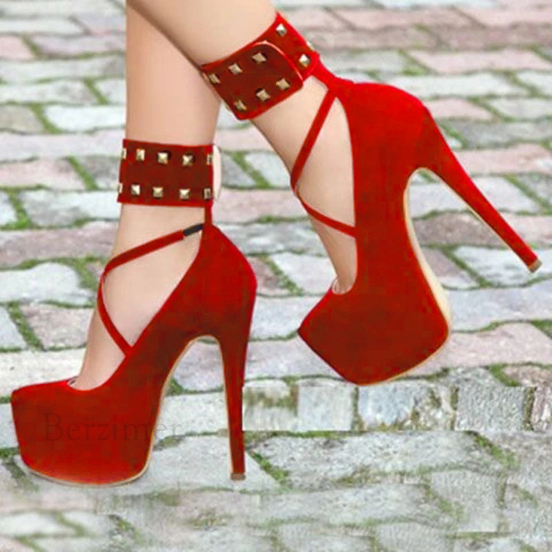 BERZIMER Platform Women Heels Sandals Faux Suede Strappy Stiletto Pumps ...
