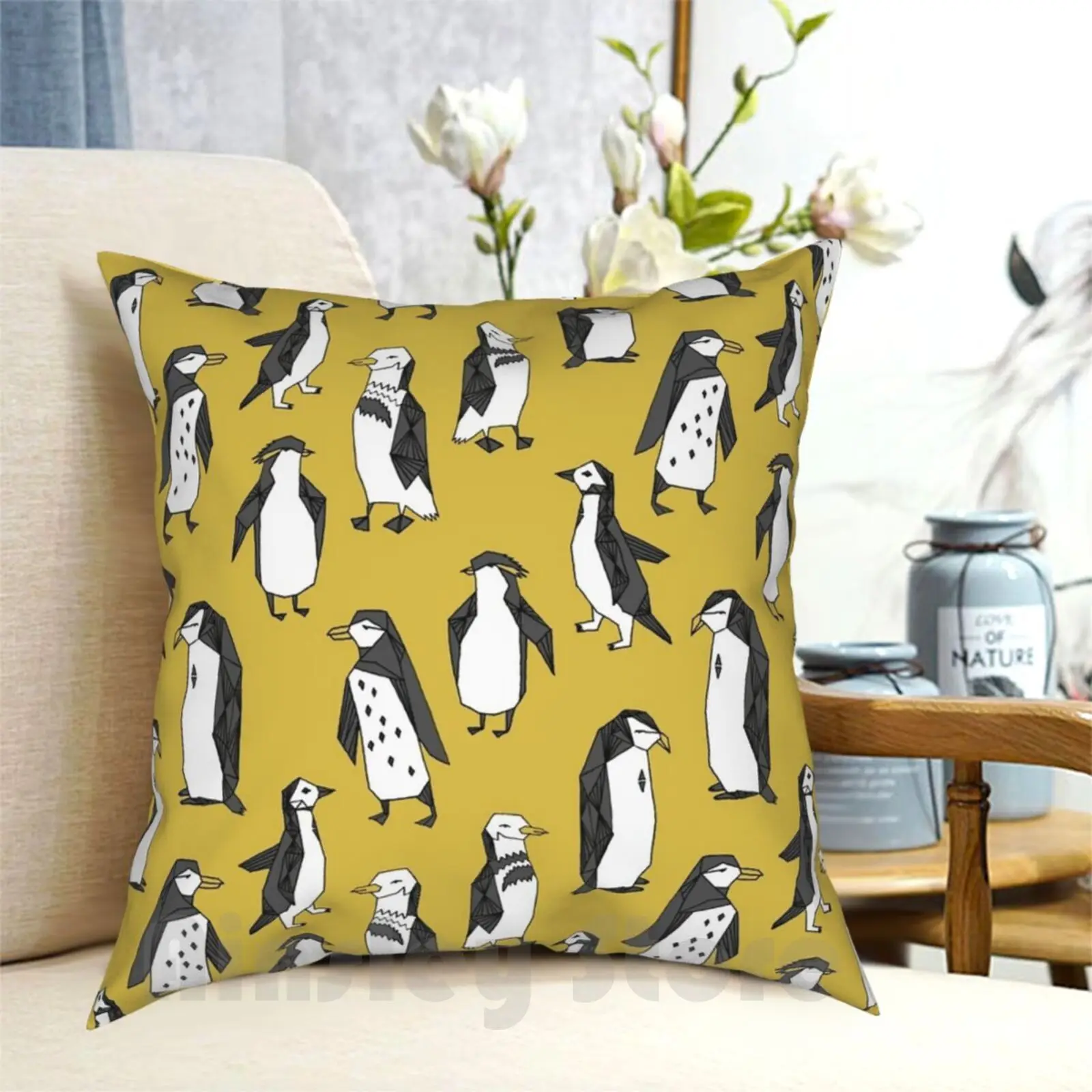 Penguins-Mustard-By-Andrea-Lauren-Pillow-Case-Printed-Home-Soft-Throw ...