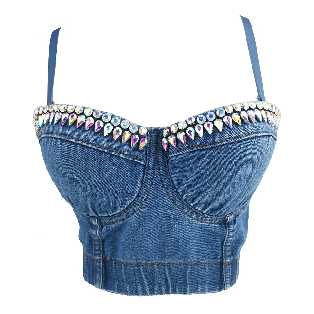 Atoshare Rhinestone Denim Crop Tops Women 2020 Bustier Push Up Tank Top ...