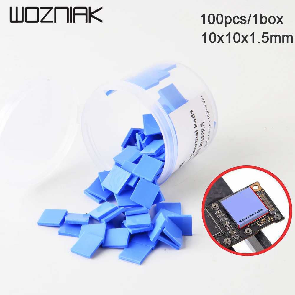 Wozniak 사전 열 실리콘 패드 방열판 100pcs 컴퓨터 CPU 칩 방열판 냉각 전도성 블루 슬라이스 냉각 패드 쿨러 ...
