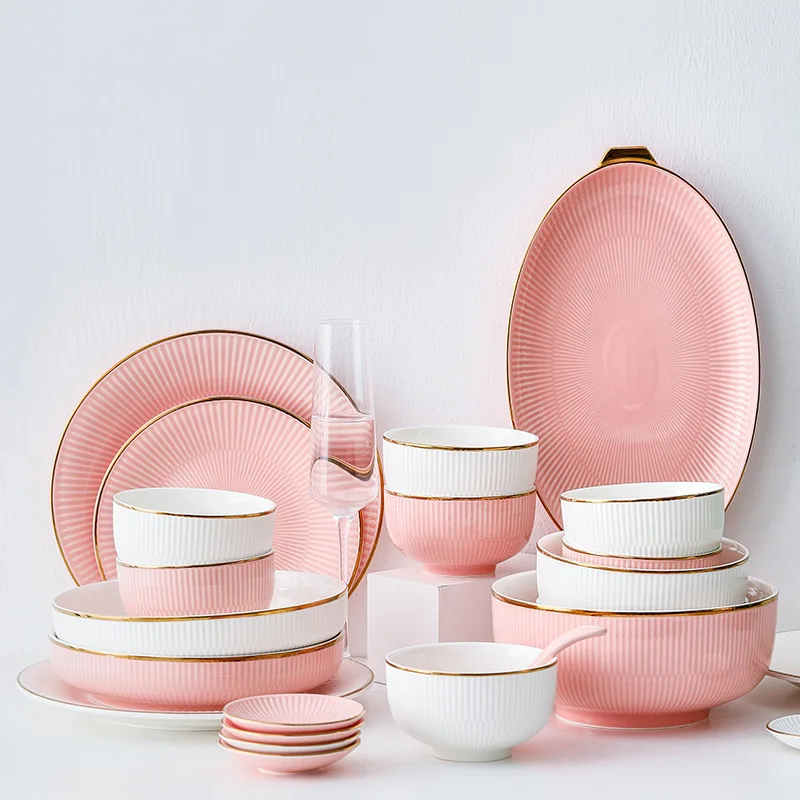 White/Pink Porcelain Dinner Dishes and Plates Set Luxury Gold Ceramic ...