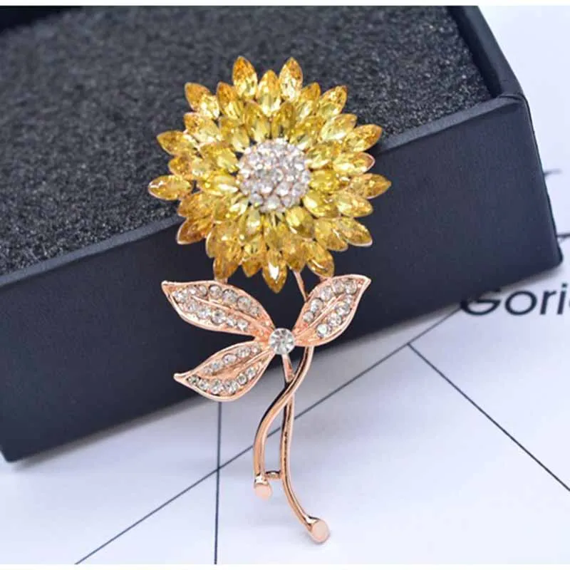 Fashion Design Enamel Sunflower Rhinestone Brooch Pins For Women ...