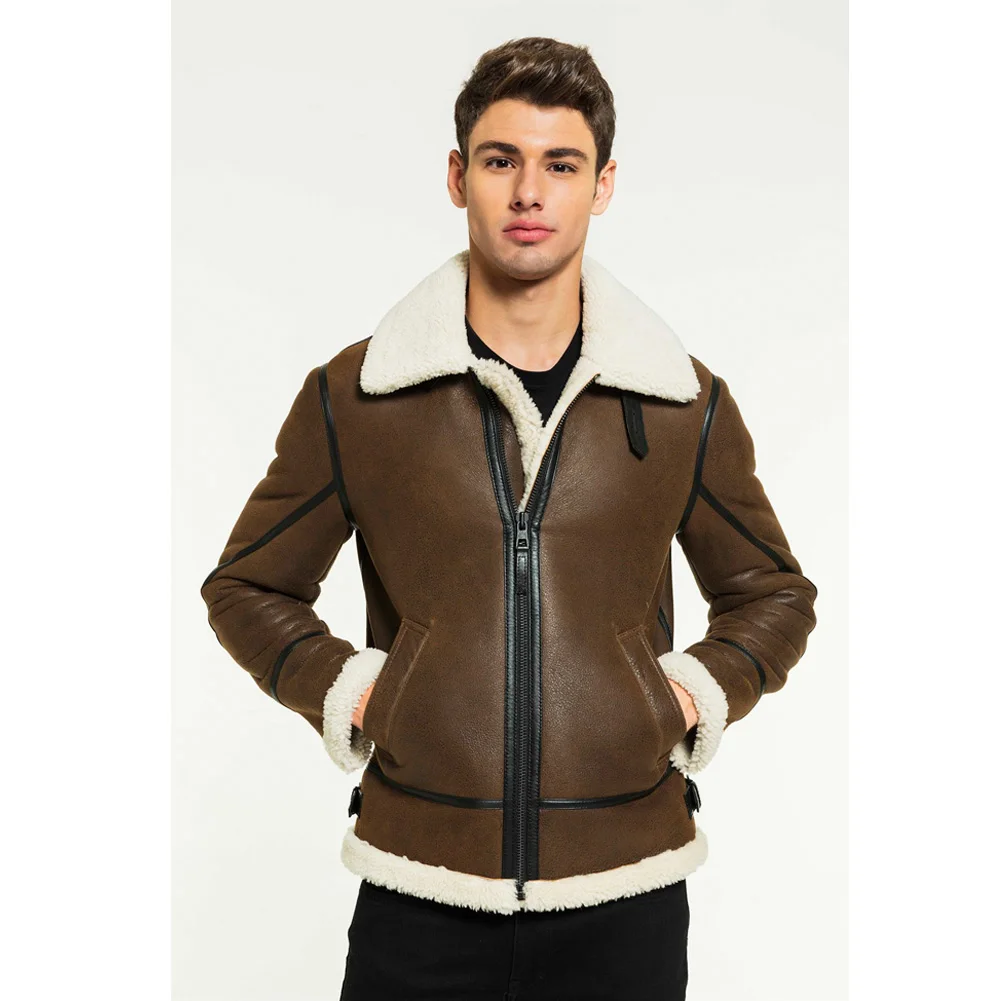 2019 New Mens Brown Shearling Jacket Turkey Bomber Jacket Short Fur ...