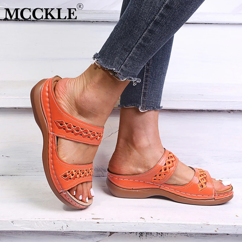 Mcckle 여성 웨지 슬리퍼 빈티지 중공 오픈 발가락 캐주얼 신발 여성 바느질 라이트 여성 플랫폼 컴포트 숙녀 여름