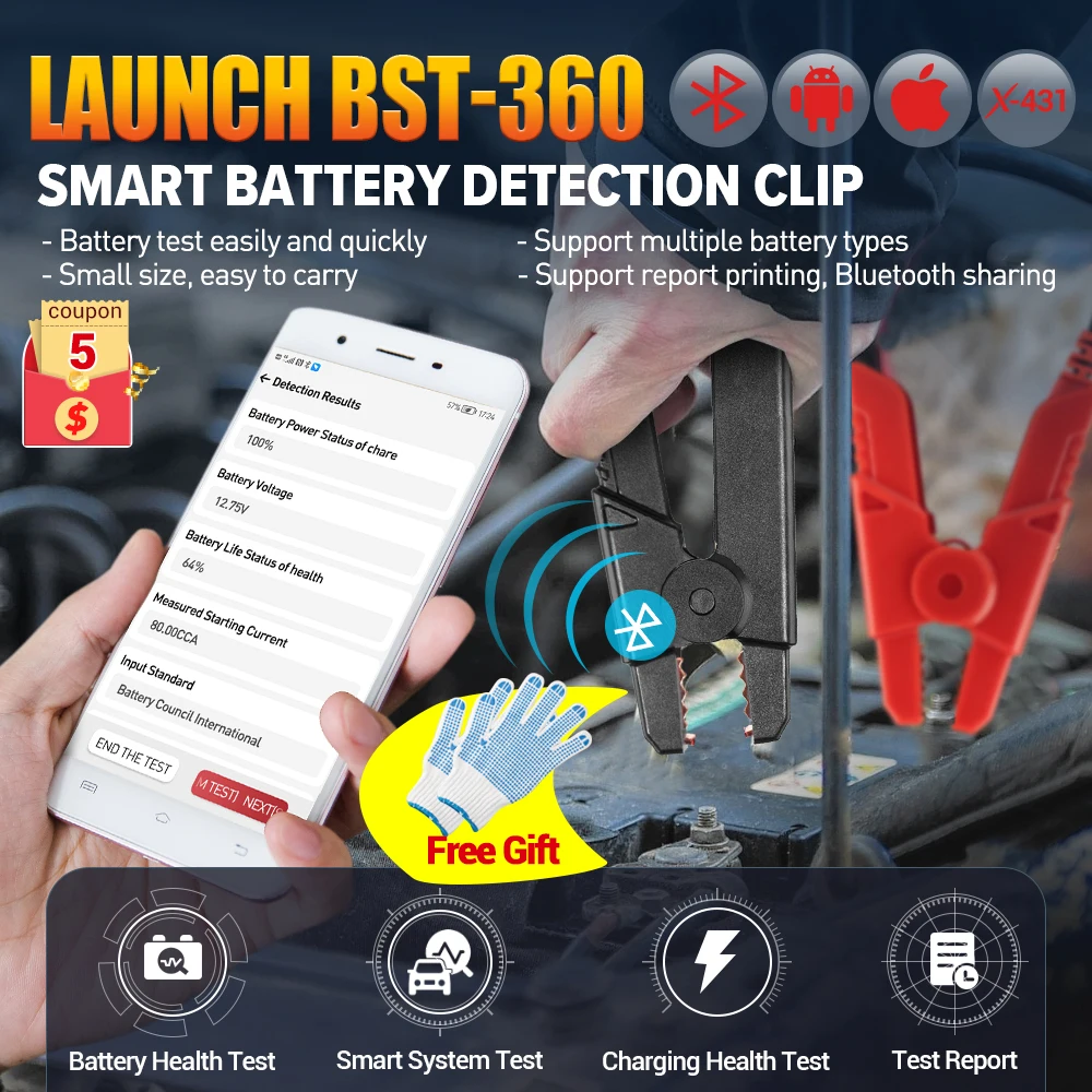 LAUNCH X431 BST-360 Bluetooth Battery Test Clip Analyzer 6V 12V 2000CCA ...