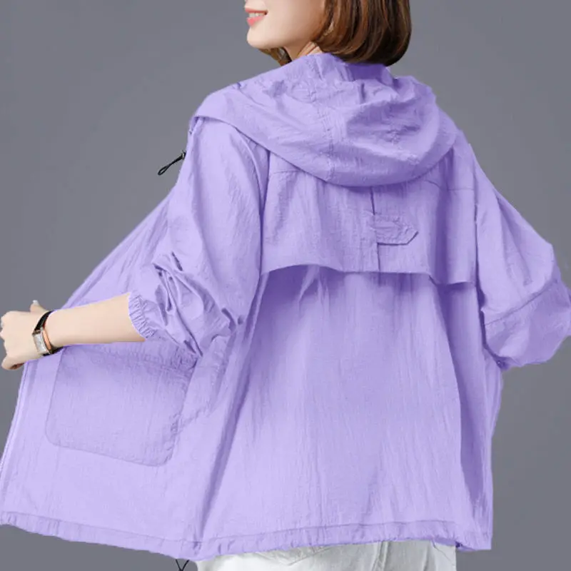 새로운 여름 얇은 선 스크린 롱 슬리브 윈드 브레이커 오버 코트 및 재킷 여성용 지퍼 포켓 캐주얼 외투 플러스 사이즈 4xl