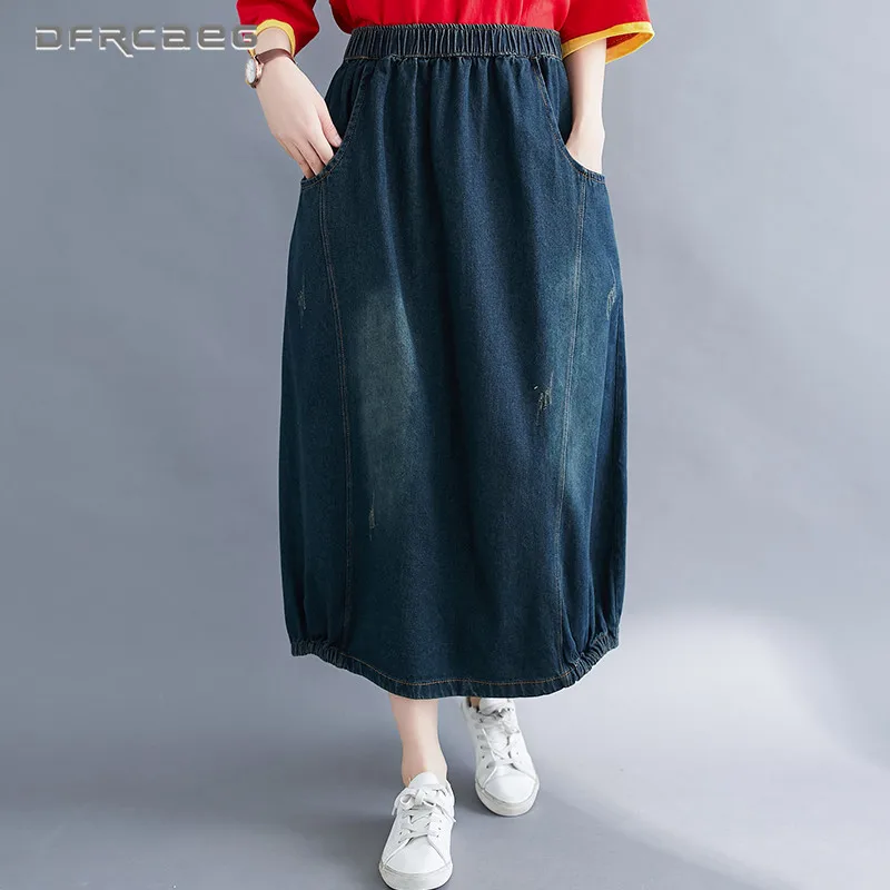 Saia longa solta azul profundo vintage, saia jeans casual de cintura ...