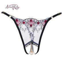 Parel Hanger Open Thongs Vrouwen Ondergoed Crotchless Borduurwerk G String Tanga Slips Kant ...