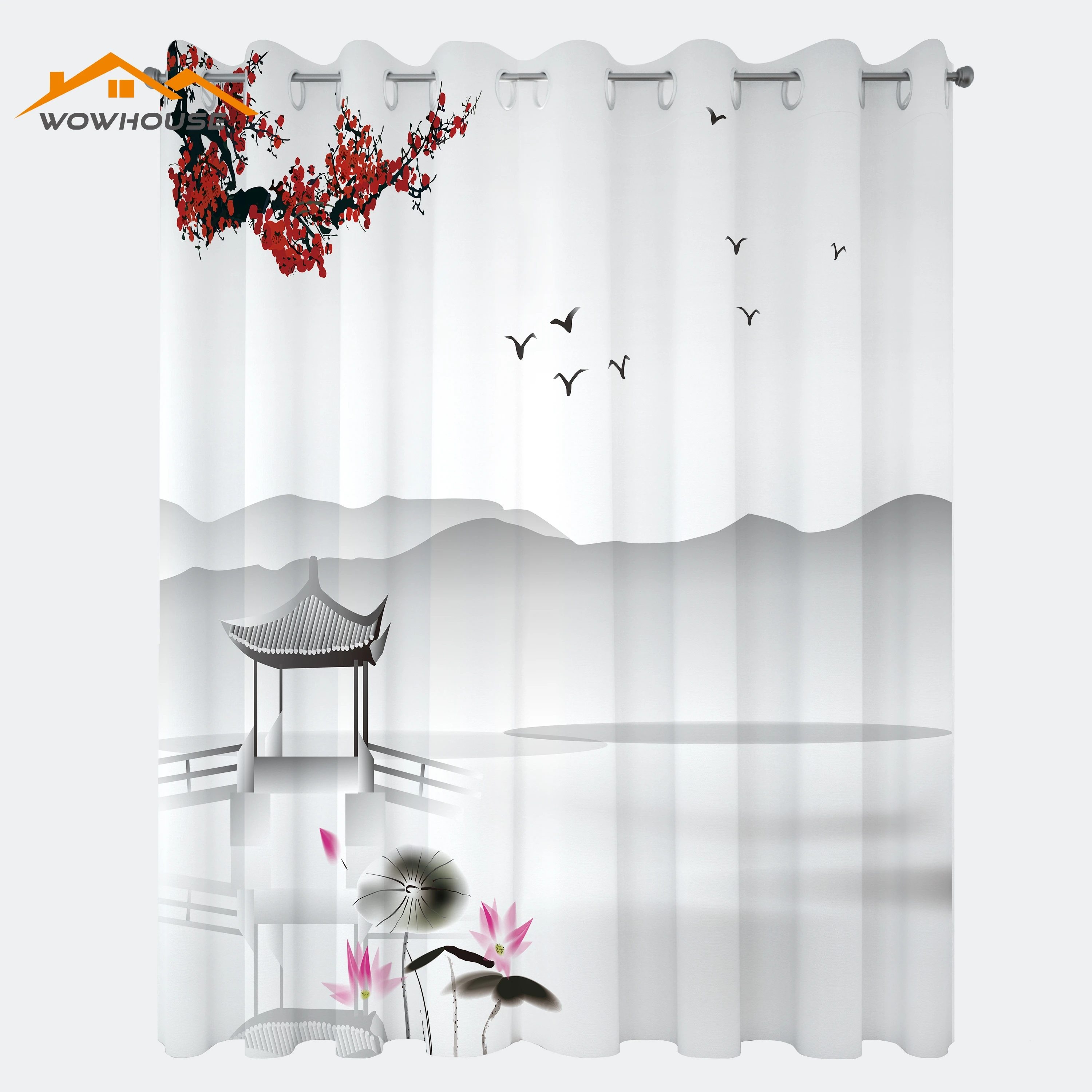 Asian Window Curtains Japanese Style Garden Bird And Small Pavilion ...