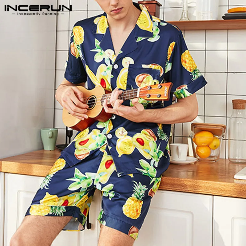 Incerun Men Sleepwear Sets Silk Satin Fruit Print 2020 Pyjamas Homewear ...