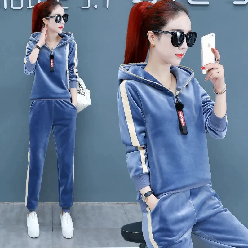 Korean Loose Hooded Velvet Tracksuit Women Casual Two Piece Set Fall ...