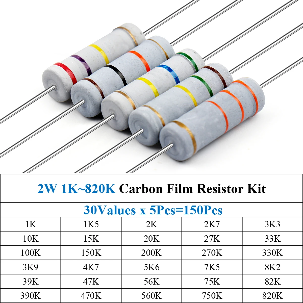 150Pcs-2W-1K-820K-Carbon-Film-Resistor-Assorted-Kit-30Values-x-5Pcs ...