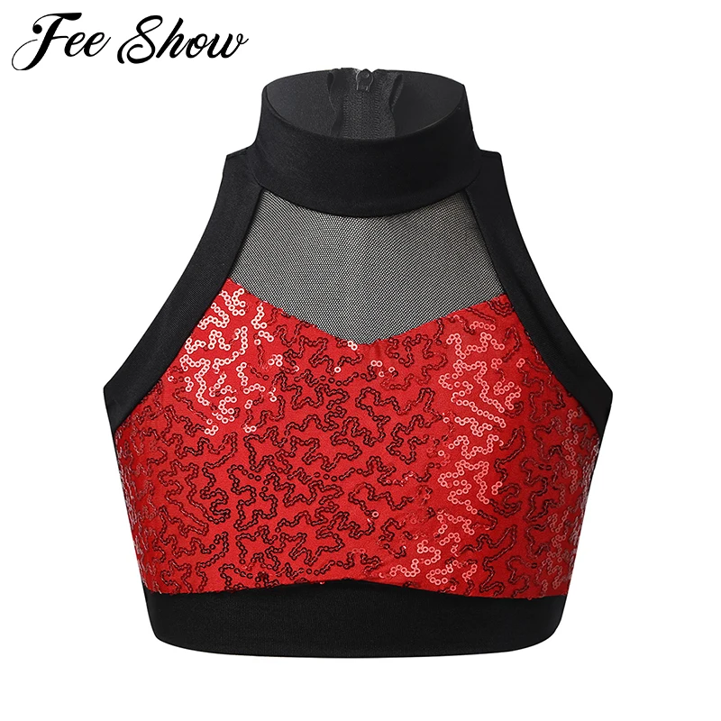 Kids Girls Shiny Sequins Sleeveless Mesh Splice Back Zipper Tanks Tops ...