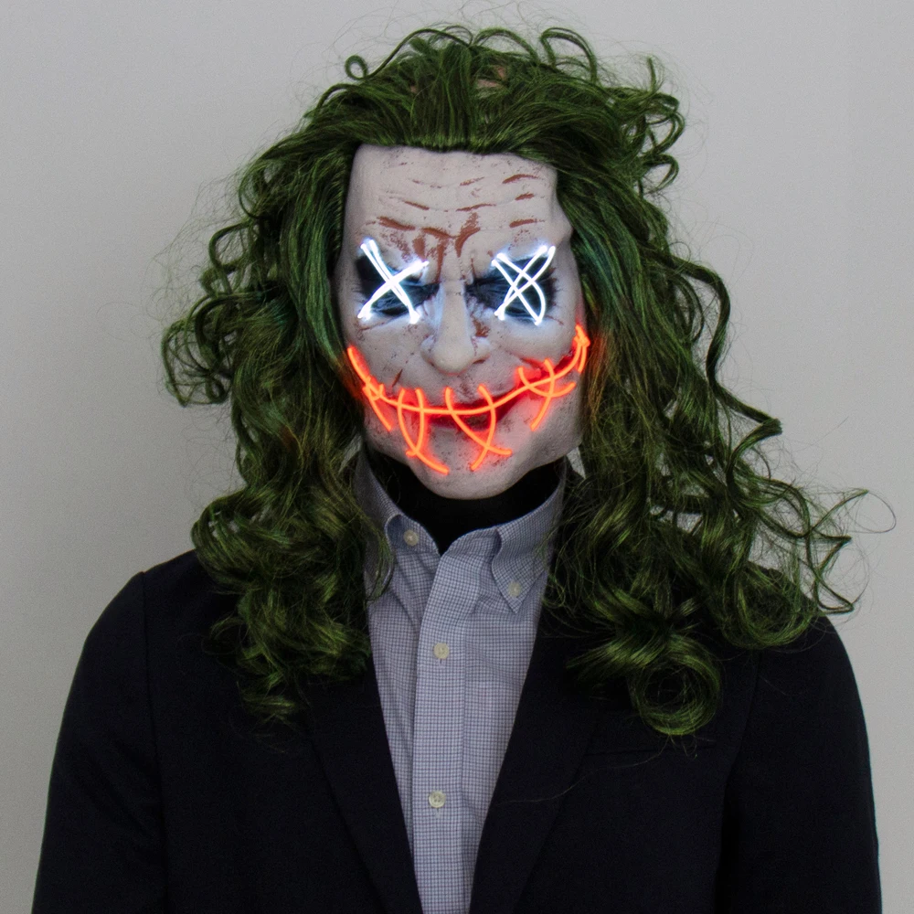 Horror Joker Clown EL Wire With Led Light Green Hair Cosplay Mask ...