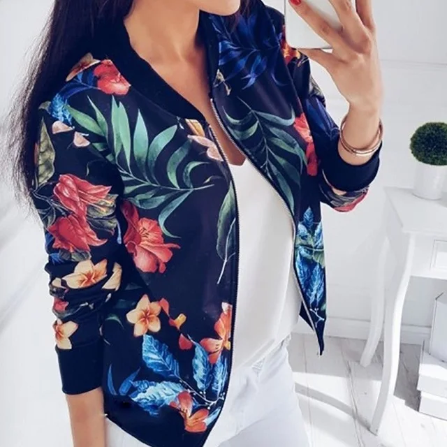 Women Floral Jackets Spring Summer Long Sleeve Zipper Print Bomber ...