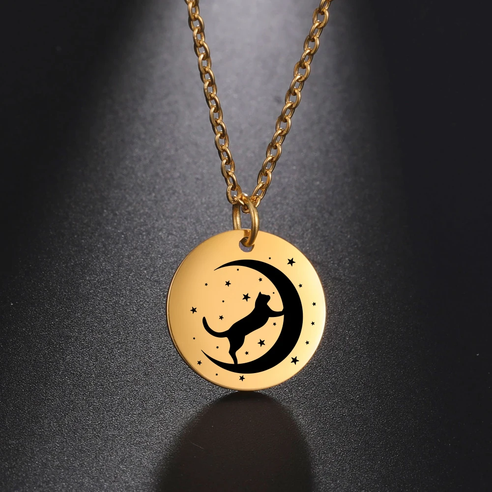 Mon forme chat lune étoile pendentif rond collier femmes fille couleur ...