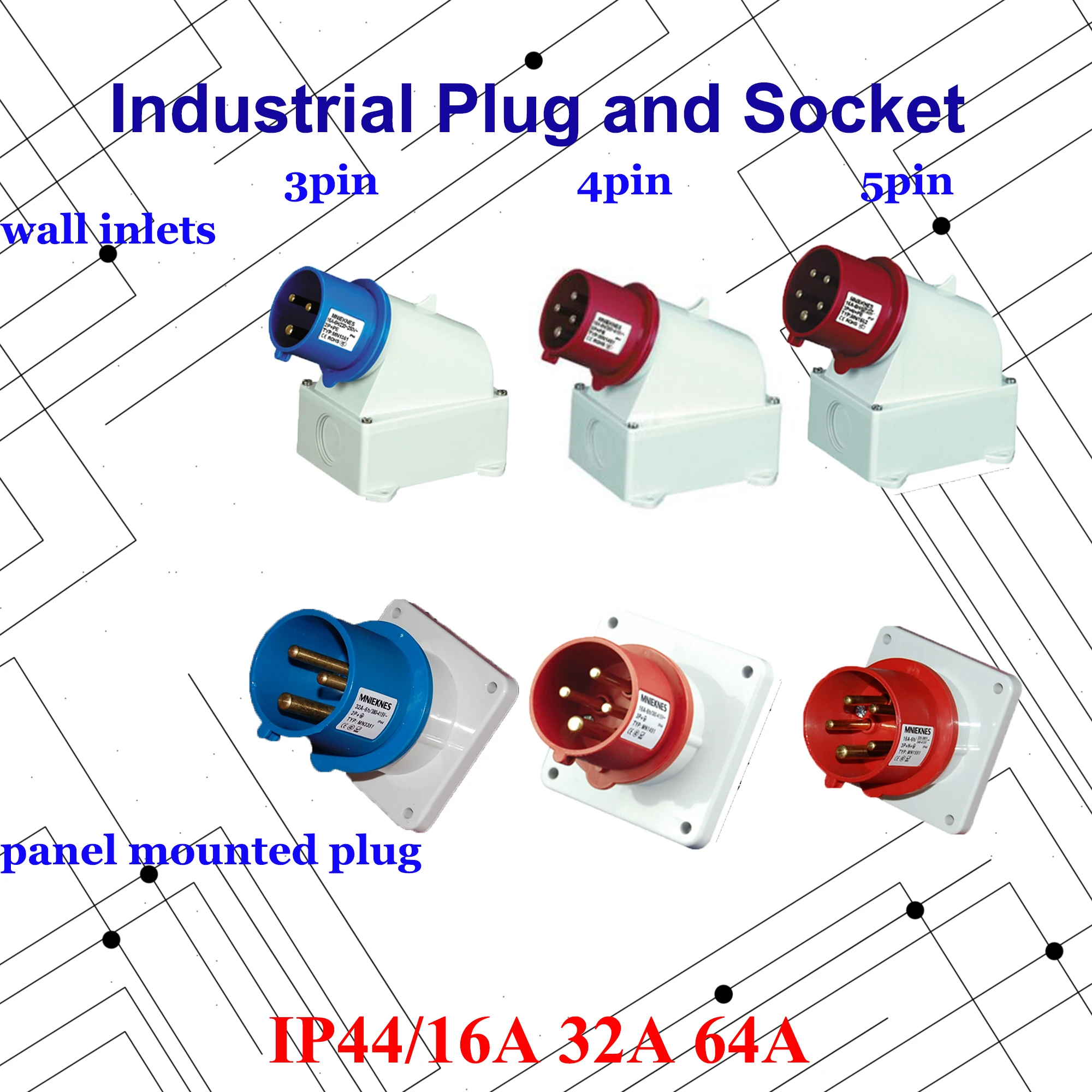 Industrial-Plug-16A-32A-63A-3-pole-4-pole-5-pole-ip44-Panel-Mounted ...