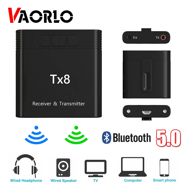 VAORLO TX8 2 IN 1 5.0 Bluetooth Adapter Wireless Transmitter Receiver ...
