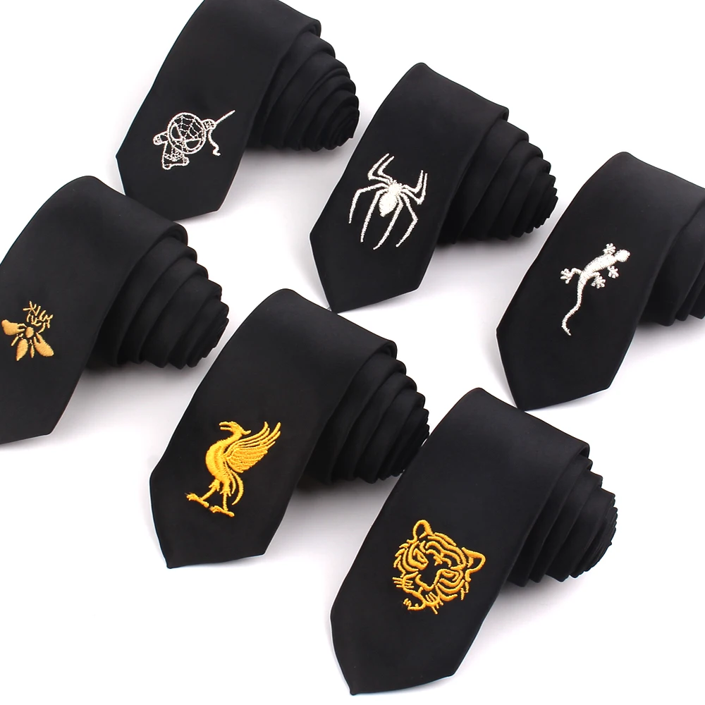 Animal-Embroidery-Ties-For-Men-Wome-Black-Skinny-Tie-Casaual-Mens ...