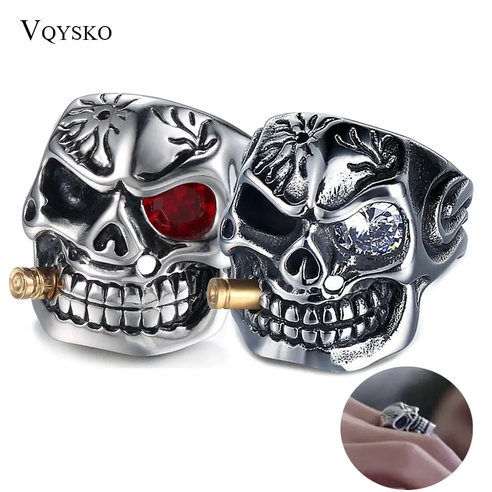 Men's Rings Rock Punk Skull Ring Titanium Steel Clear Zircon Eye Rings ...