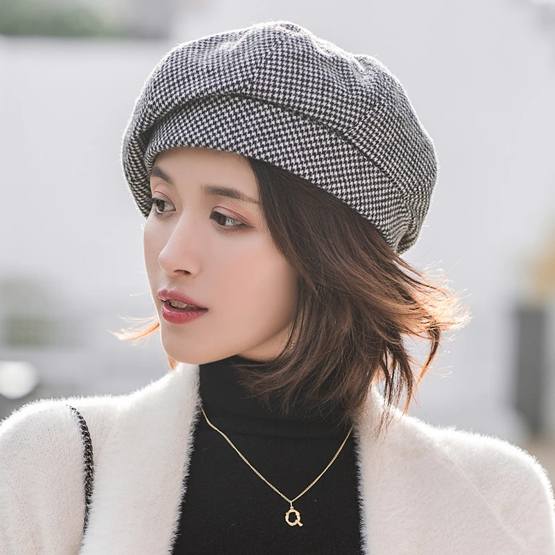Simple Women Beret For Elegant Lady Winter Female Cotton Hats Plaid ...