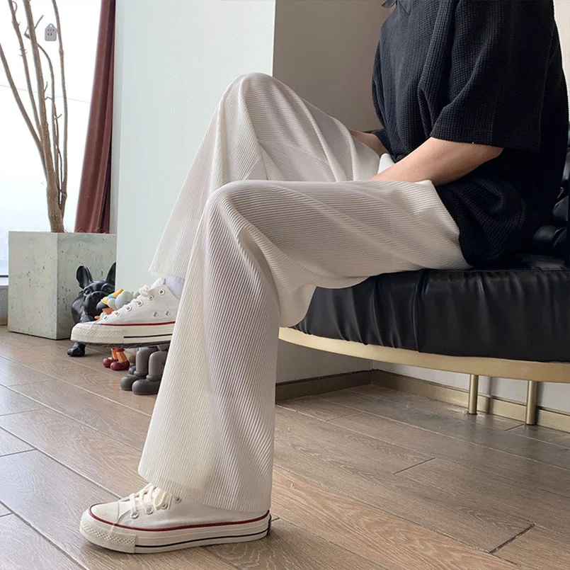 스트라이프 여름 얇은 얼음 실크 남성 바지 루즈 트렌드 대형 드레이프 바지 청소년 스트레이트 캐주얼 바지 여름 2023