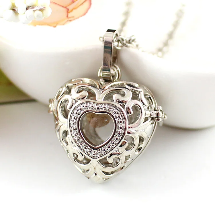 1X Heart Filigree Hollow Cage Locket Pendant with glass ball Memory ...