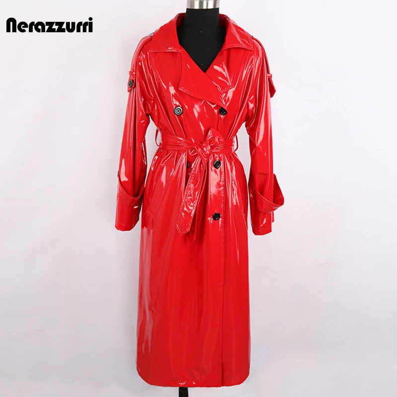 Nerazzurri Autumn Long Red Waterproof Reflective Patent Leather Trench ...
