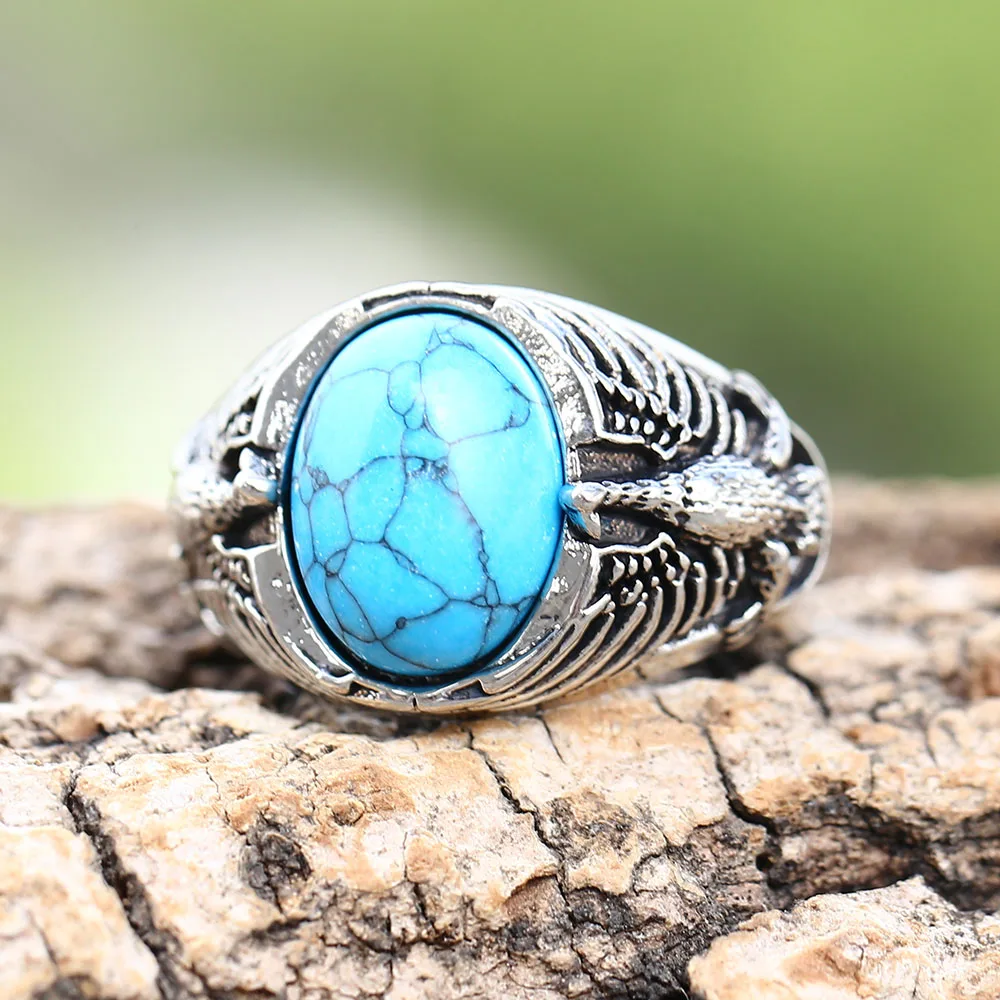 New Design Punk Retro Silver Big Carved Blue Turquoise Ring Fashion ...