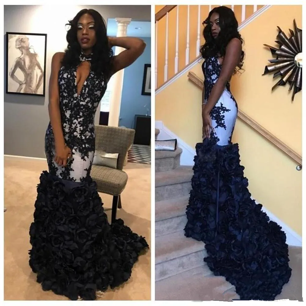 2020 High Neck Elegant African Black And White Prom Dresses Lace Hand ...
