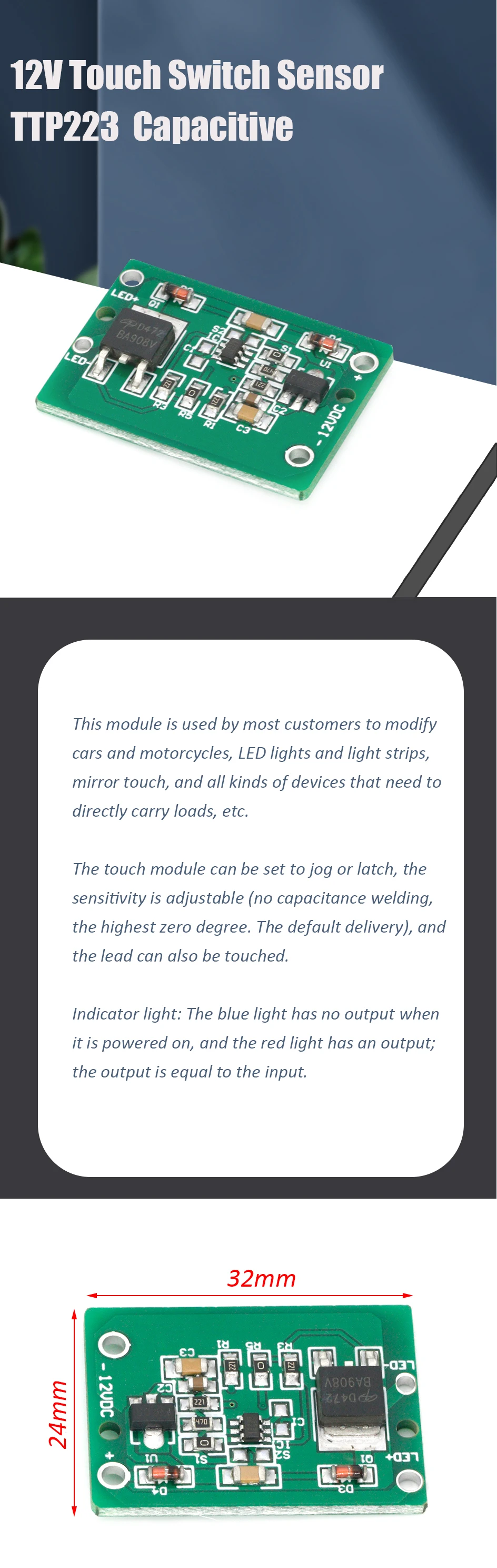 TTP223 12V 1 kanał dotykowy przekaźnik moduł pojemnościowy klawisz dotykowy przełącznik z ...