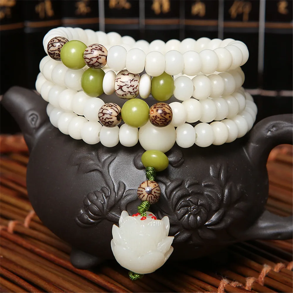 Original Design Natural White Bodhi Root Beads Bracelet Lotus 108 Lotus ...