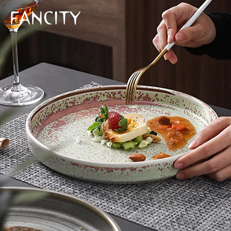 Fancity 일본 도자기 식기 가마 복고풍 스타일 얕은 접시 홈 스테이크 접시 서양 접시 샐러드 접시 크리 에이 티브 변경