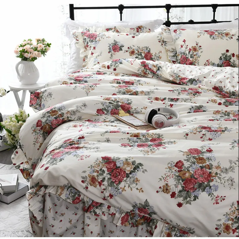 New garden flower print bedding set European ruffle duvet cover elegant ...