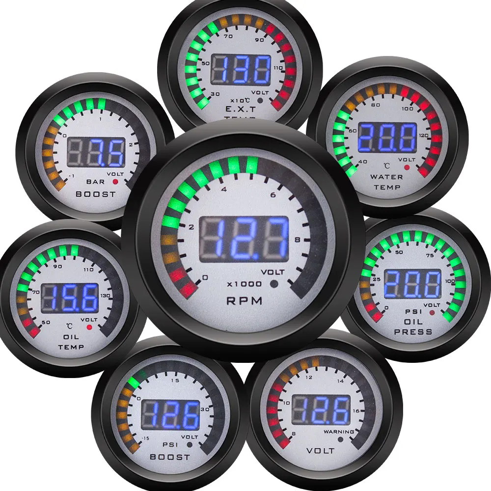52mm 2 in 1 Car Digital Tachometer + Voltmeter tach Turbo Boost Gauge ...