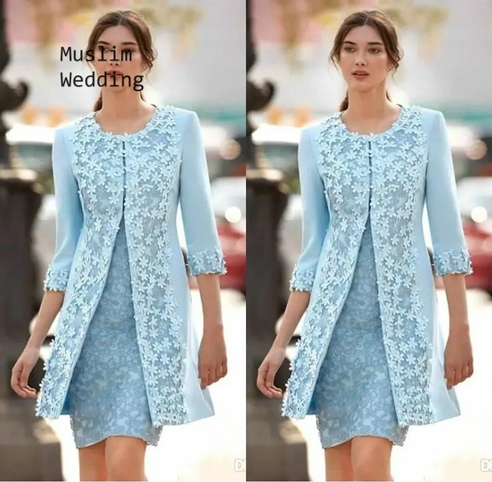 Elegant Light Blue Mother Of The Bride Dresses Knee Length Lace Two ...