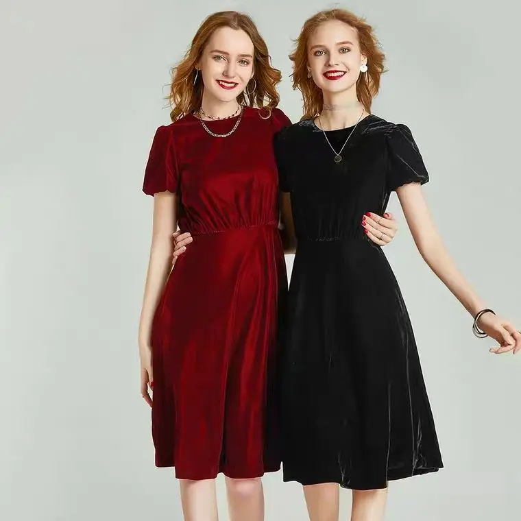 New Fashion Women Summer Elegant Luxury Velour Dress, Vintage Puff ...